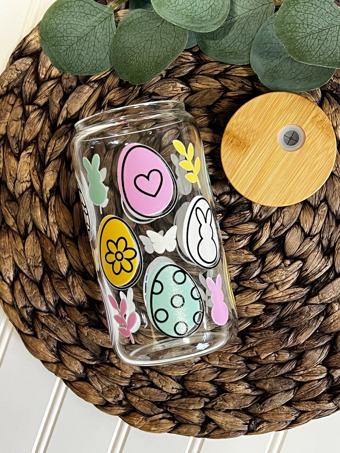 Pastel Easter Egg 16oz Glass Can Cup With Bamboo Lid, Trendy Beer Can ...