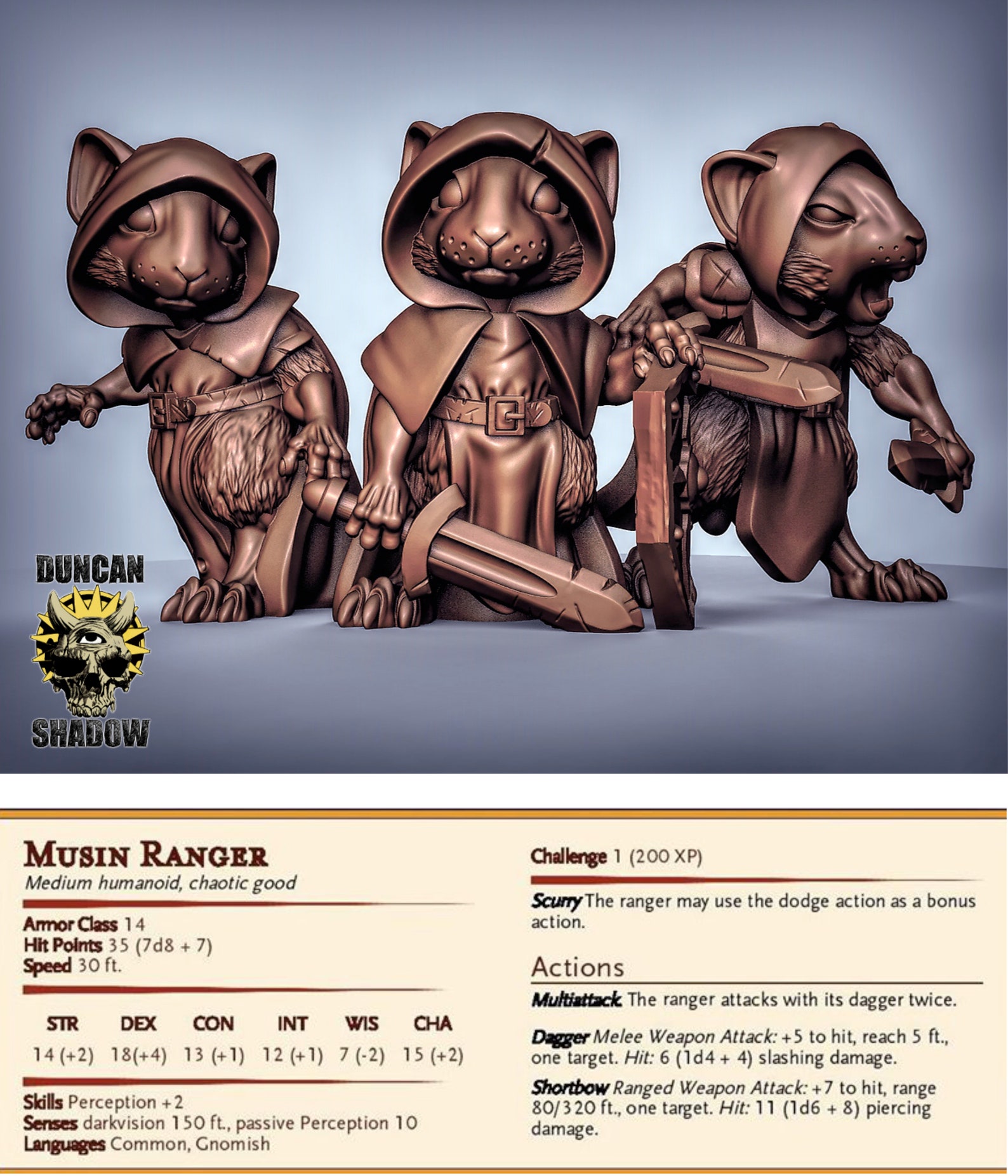 Mousling Musin Ranger 28mm or 32mm Miniatures 3D Resin Printed Dungeons ...