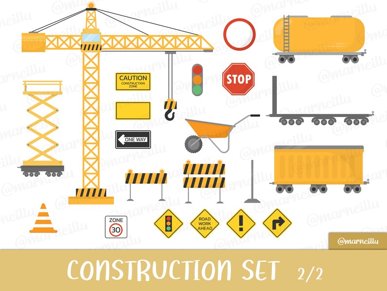 Construction Clipart Set - Car, Tractor, Truck, Crane, Building ...
