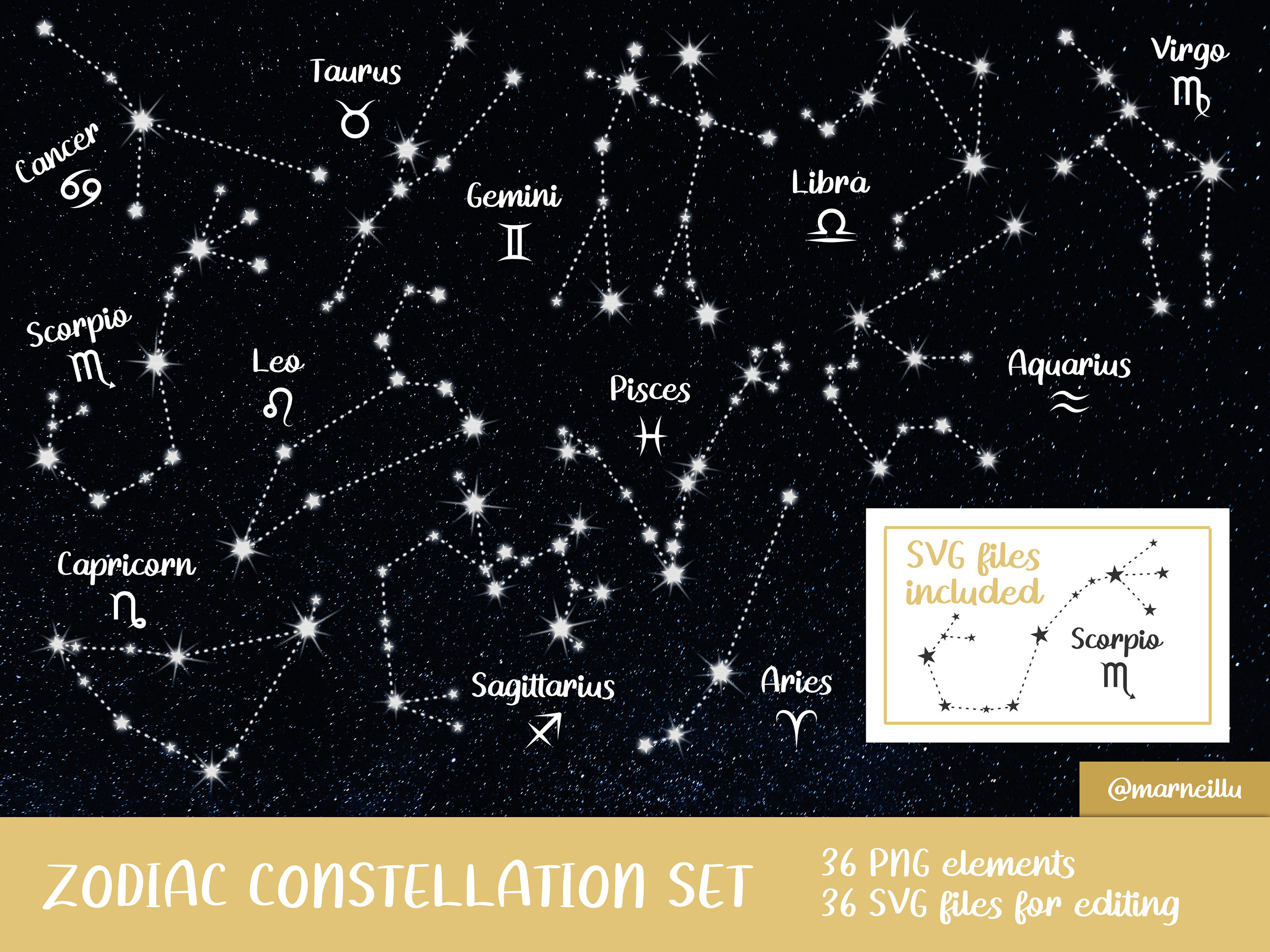Zodiac Constellation SVG Clipart Set – Glowing Star Signs (instant ...