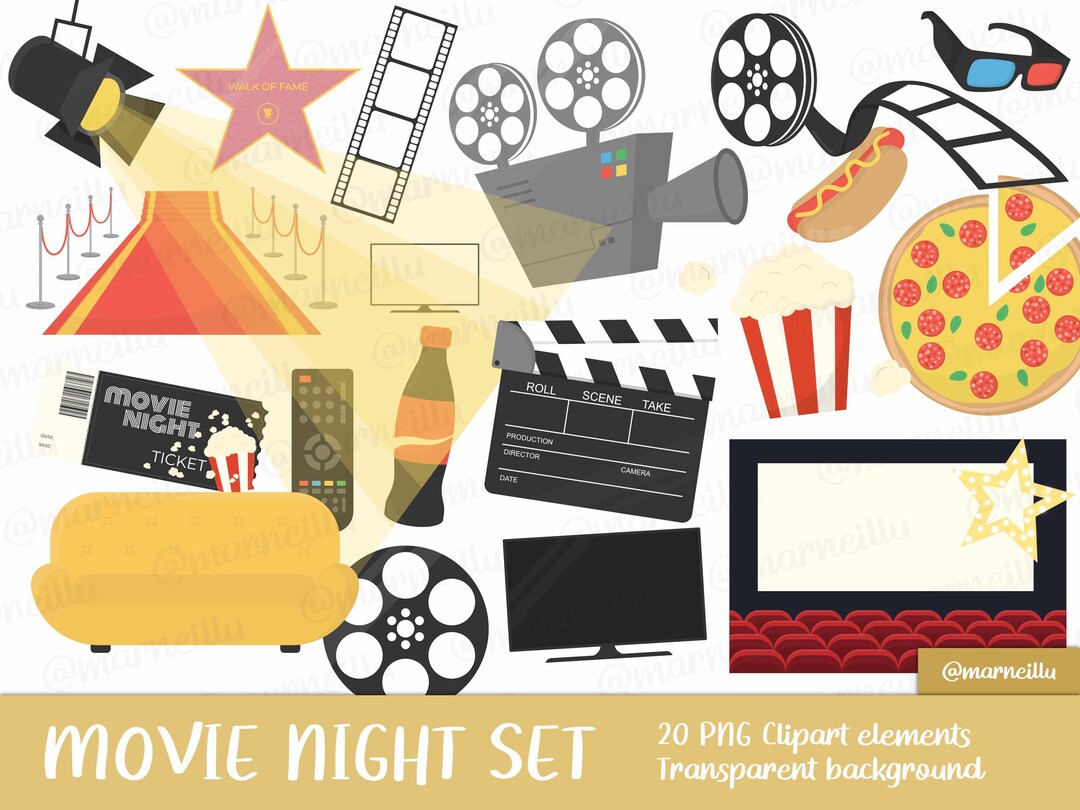 Movie Night Clipart Set – Cinema, Hollywood, Popcorn (instant Download ...