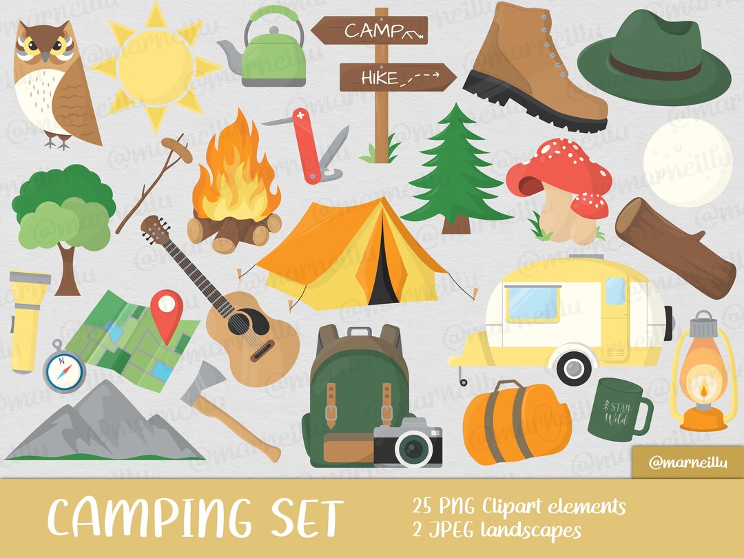 Camping Clipart Set - Tent, Fire, Caravan, Image, Printable, Hike ...