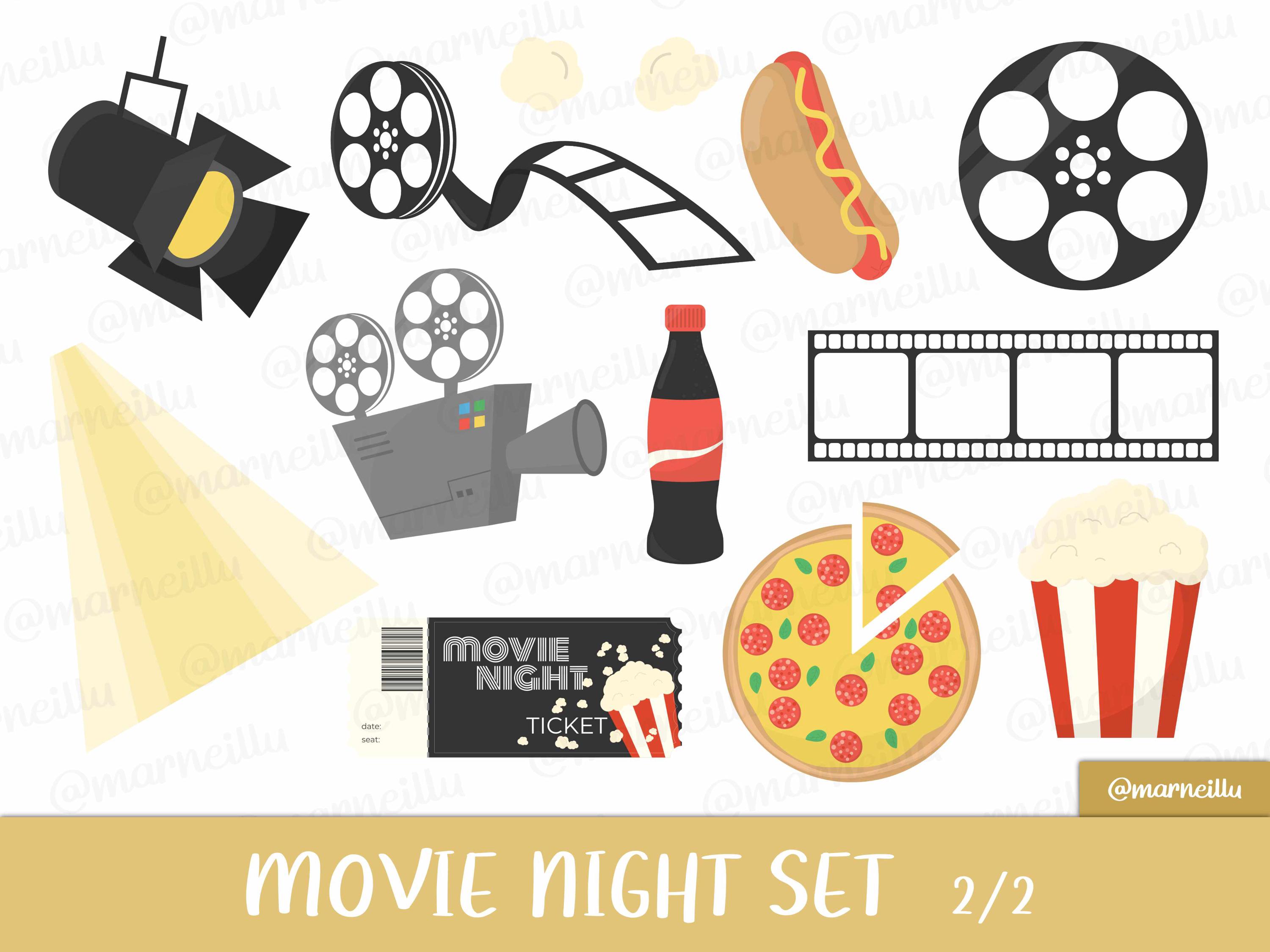 Movie Night Clipart Set – Cinema, Hollywood, Popcorn (instant Download ...