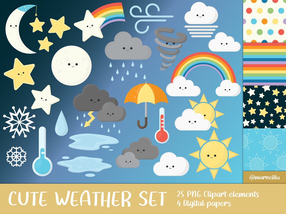 Cute Cartoon Weather Clipart Set Sun Storm Image - Etsy