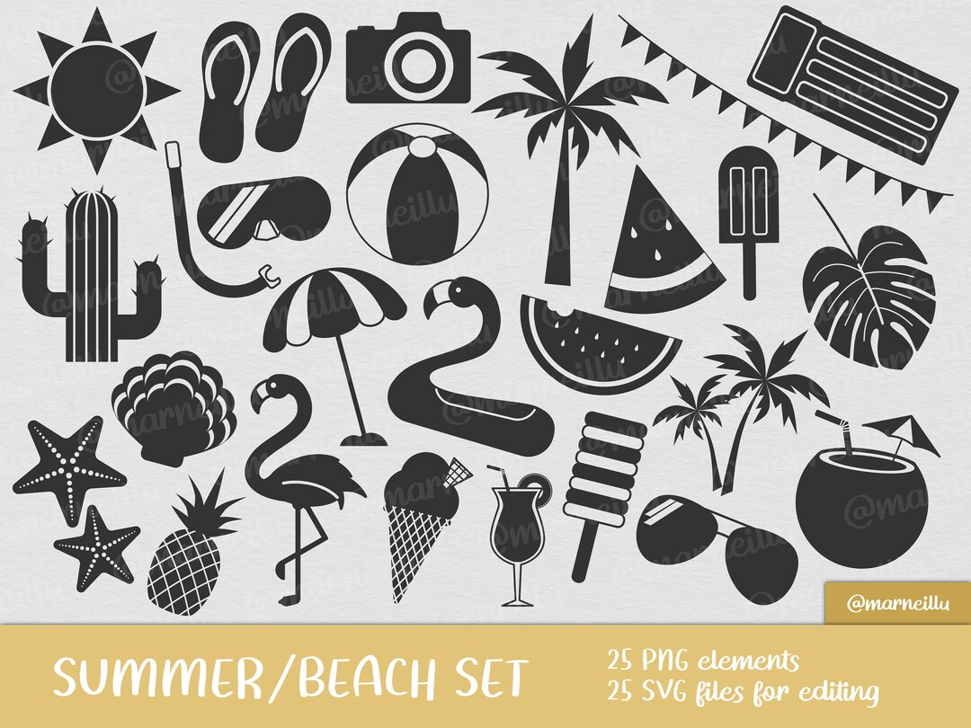 Summer/beach SVG Clipart Set - Sun, Flamingo, Palm, Silhouette, Image ...