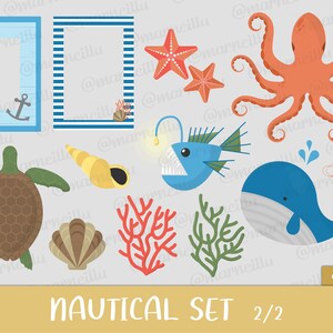 Nautical Sea Clipart Set - Ocean, Boat, Whale, Image, Printable, Blue ...