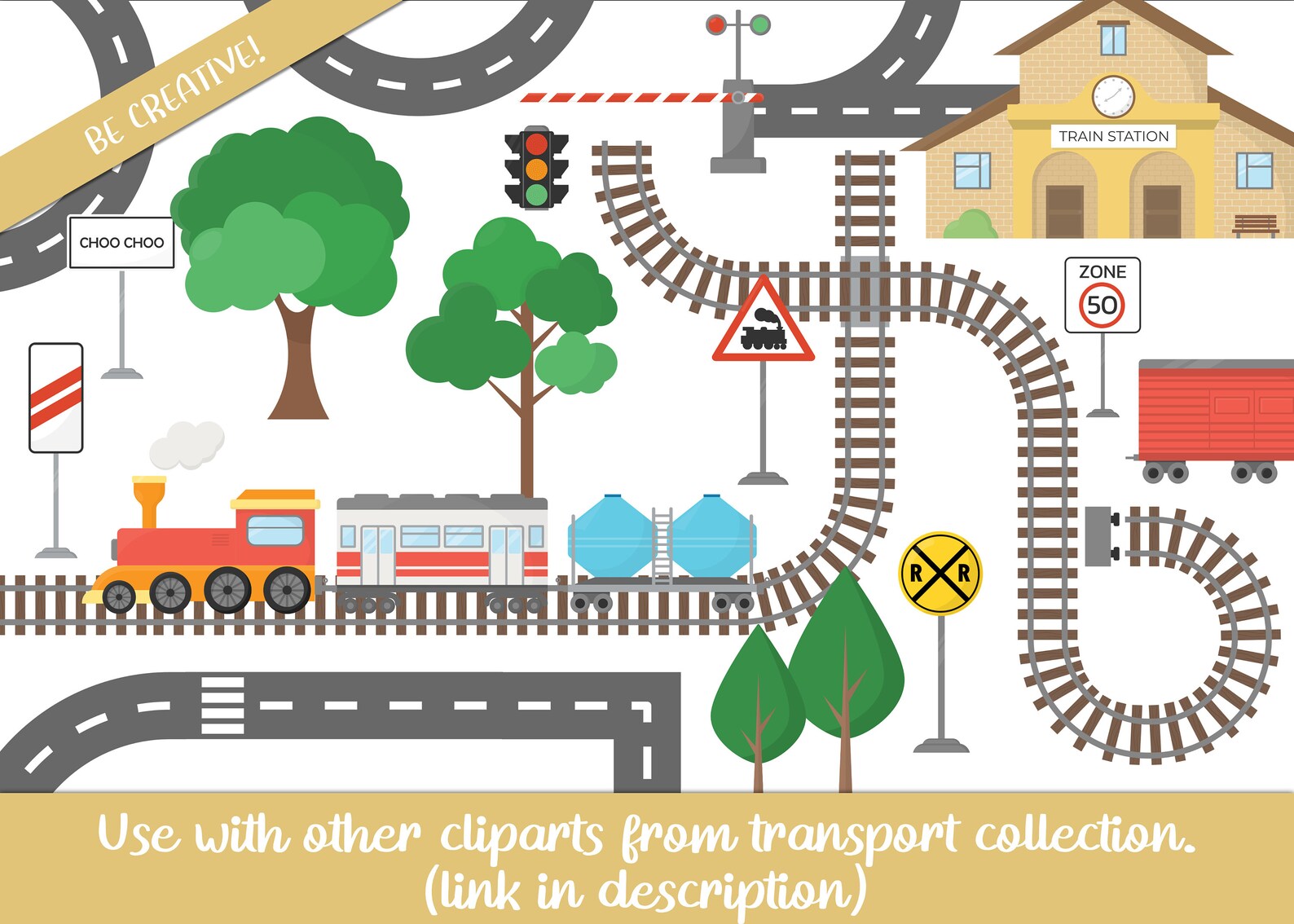 Railroad/railway Clipart Set - Train, Track, Station, Transport, Toy ...