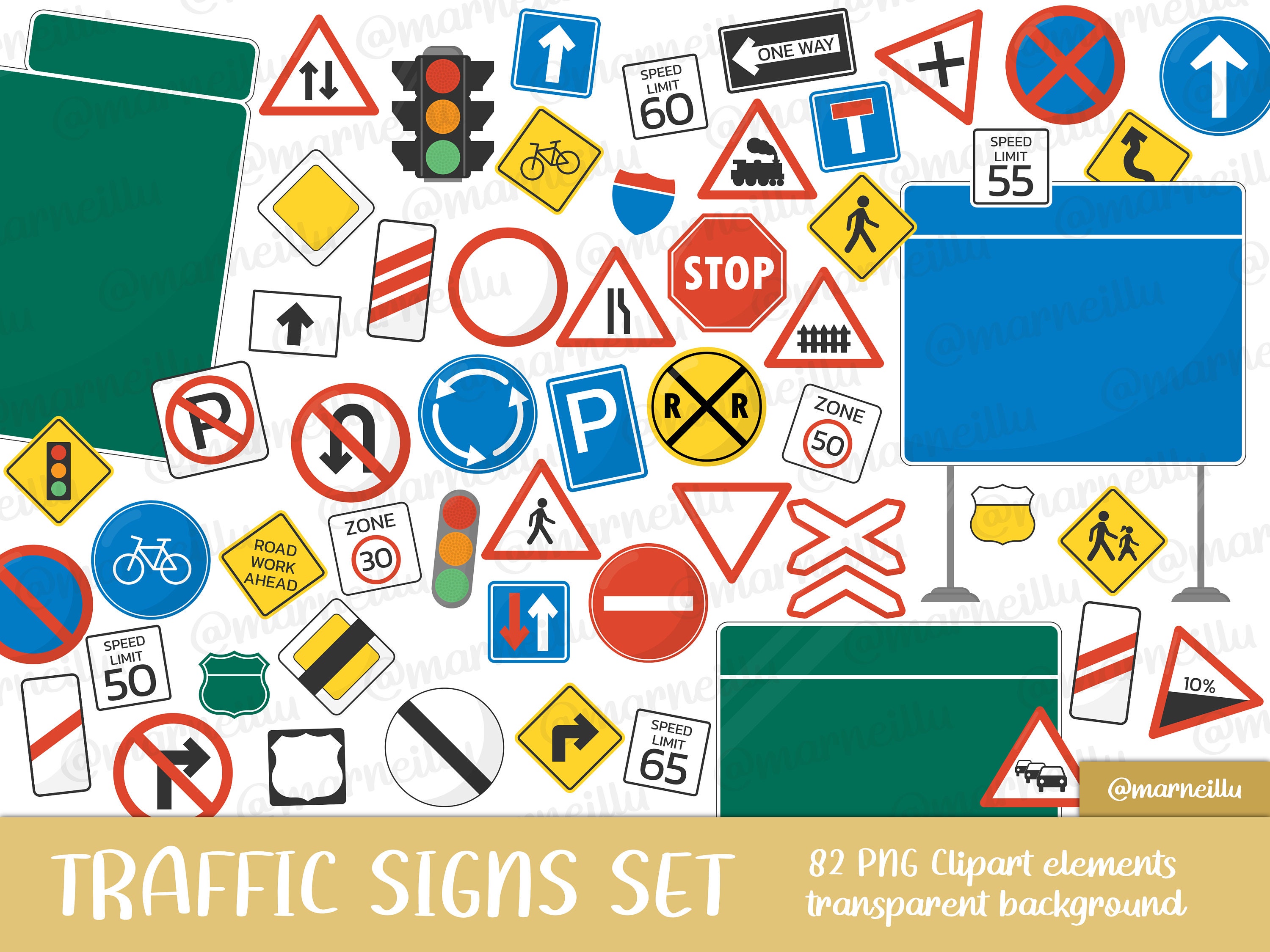 Road/traffic Signs Clipart Set - Stop, Caution, Rail, Highway, Street ...