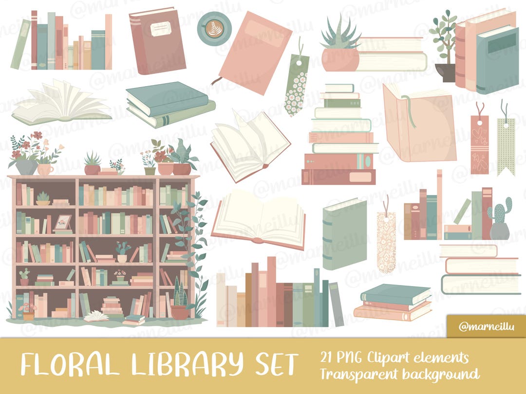 Floral Library Book Set - Flower, Book, Reading, Image, Printable, Read ...