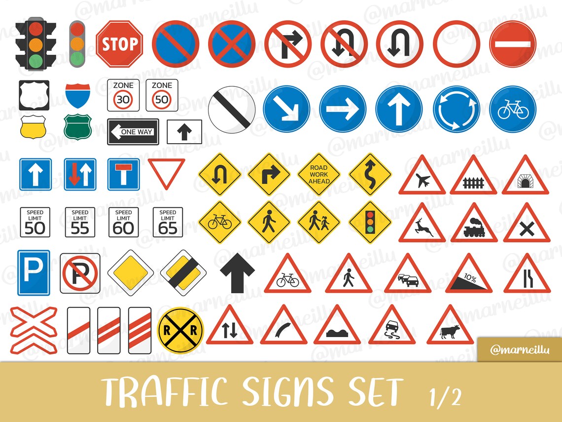 Road/traffic Signs Clipart Set - Stop, Caution, Rail, Highway, Street ...