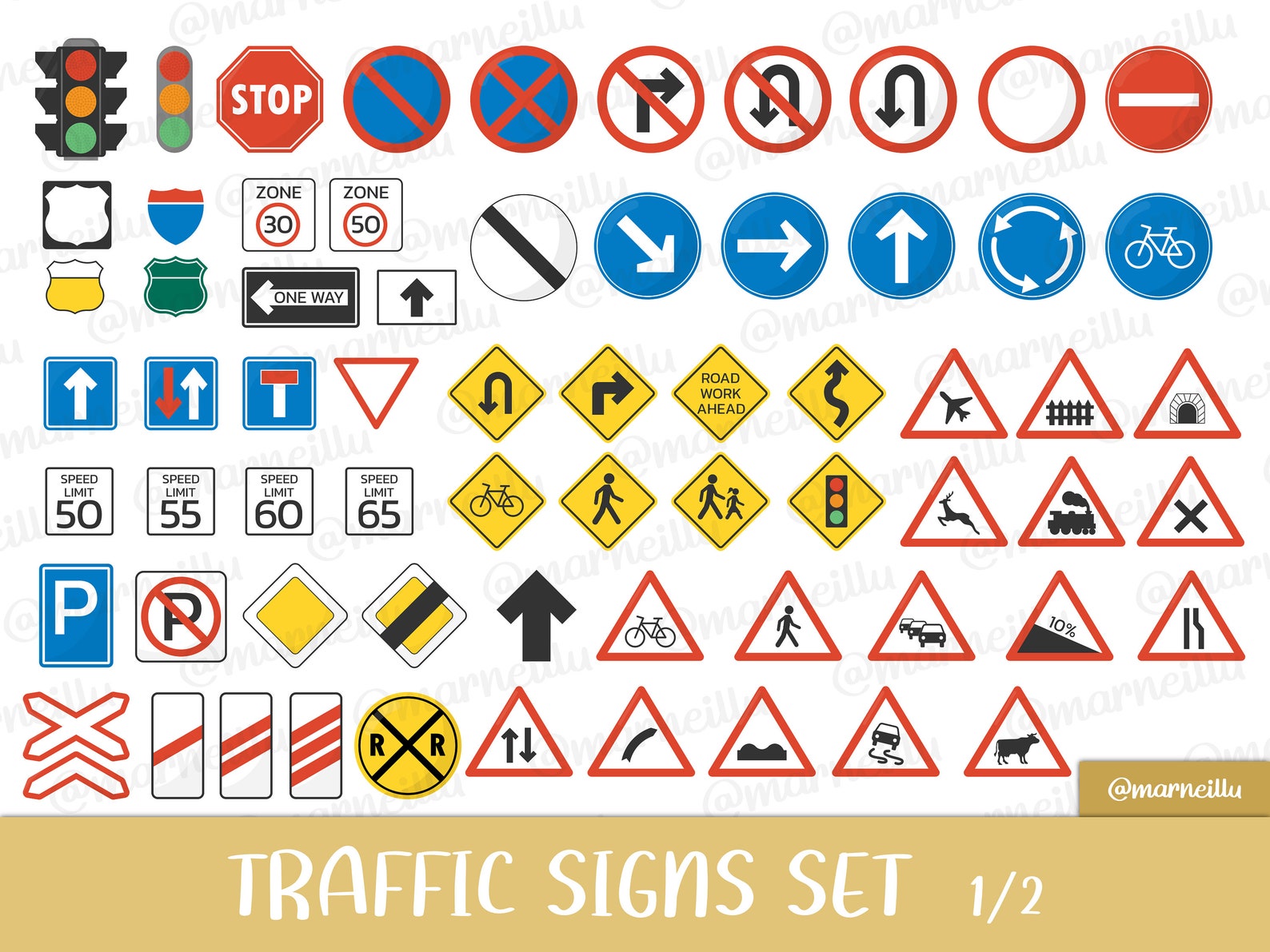 Road/traffic Signs Clipart Set - Stop, Caution, Rail, Highway, Street ...