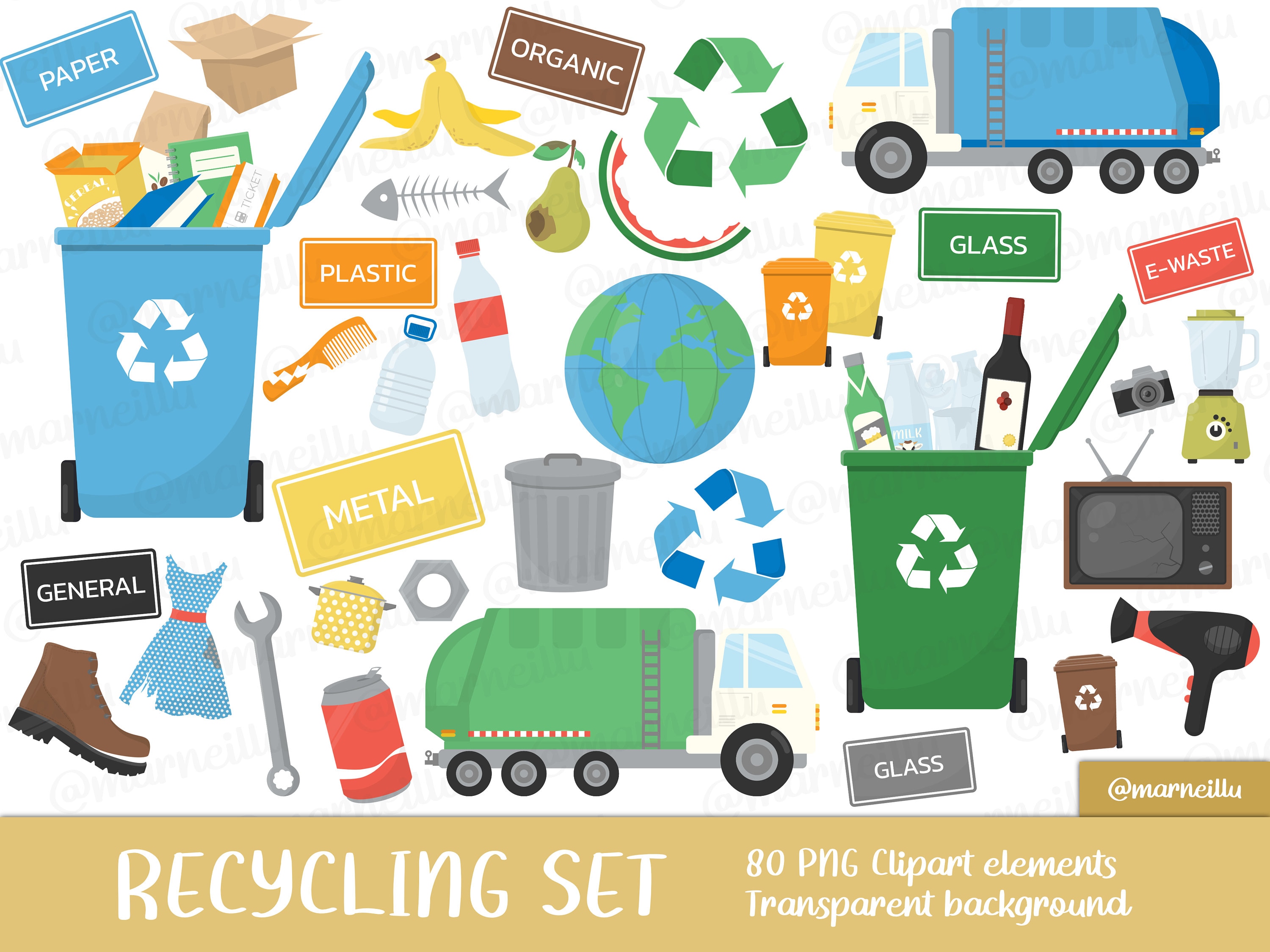Recycling Clipart Set Recycle, Truck, Trash, Bin, Earth Day, Eco ...
