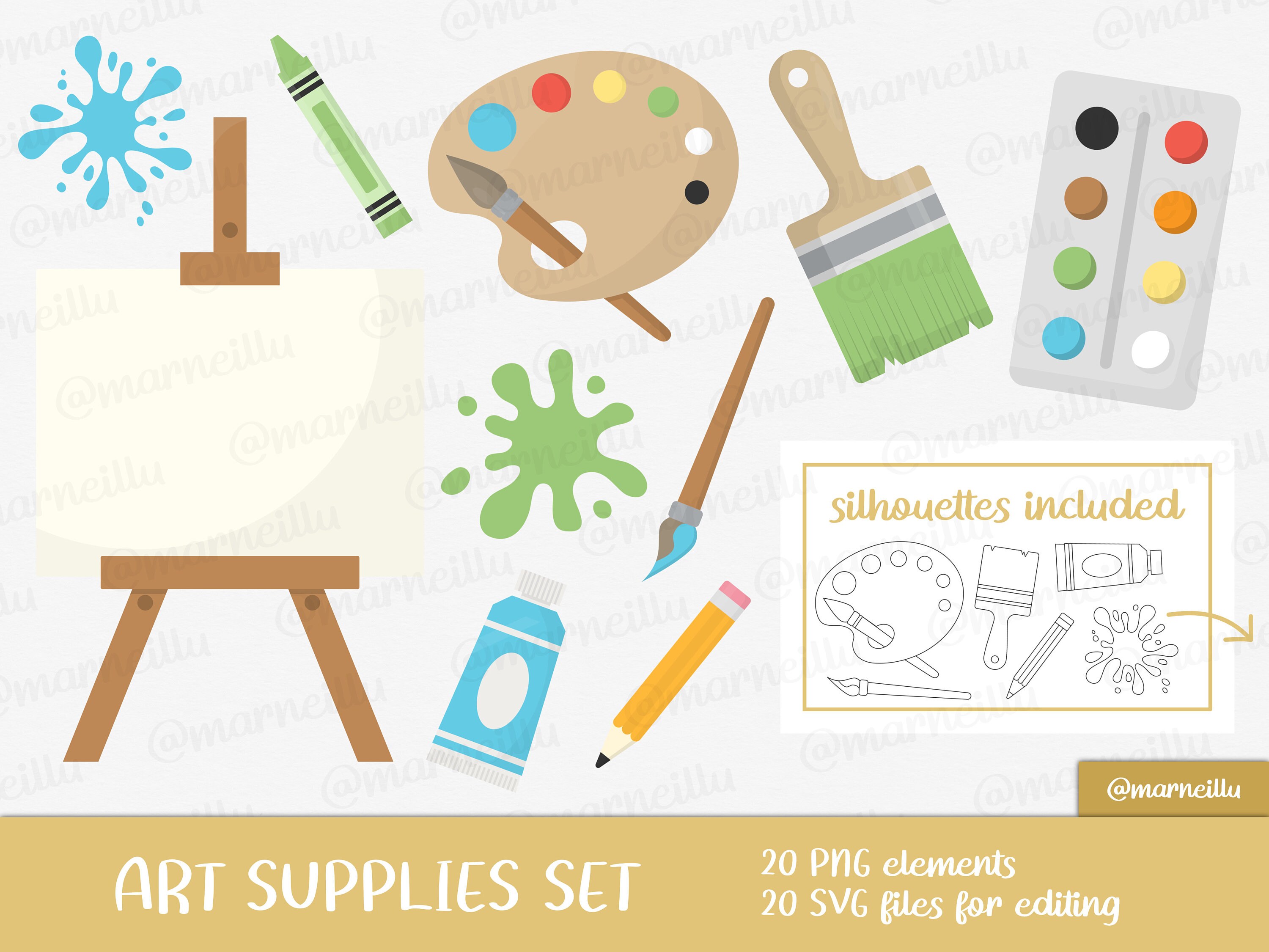 Art Supplies Clipart Set - Artist Palette, Brush, Pencil (instant ...