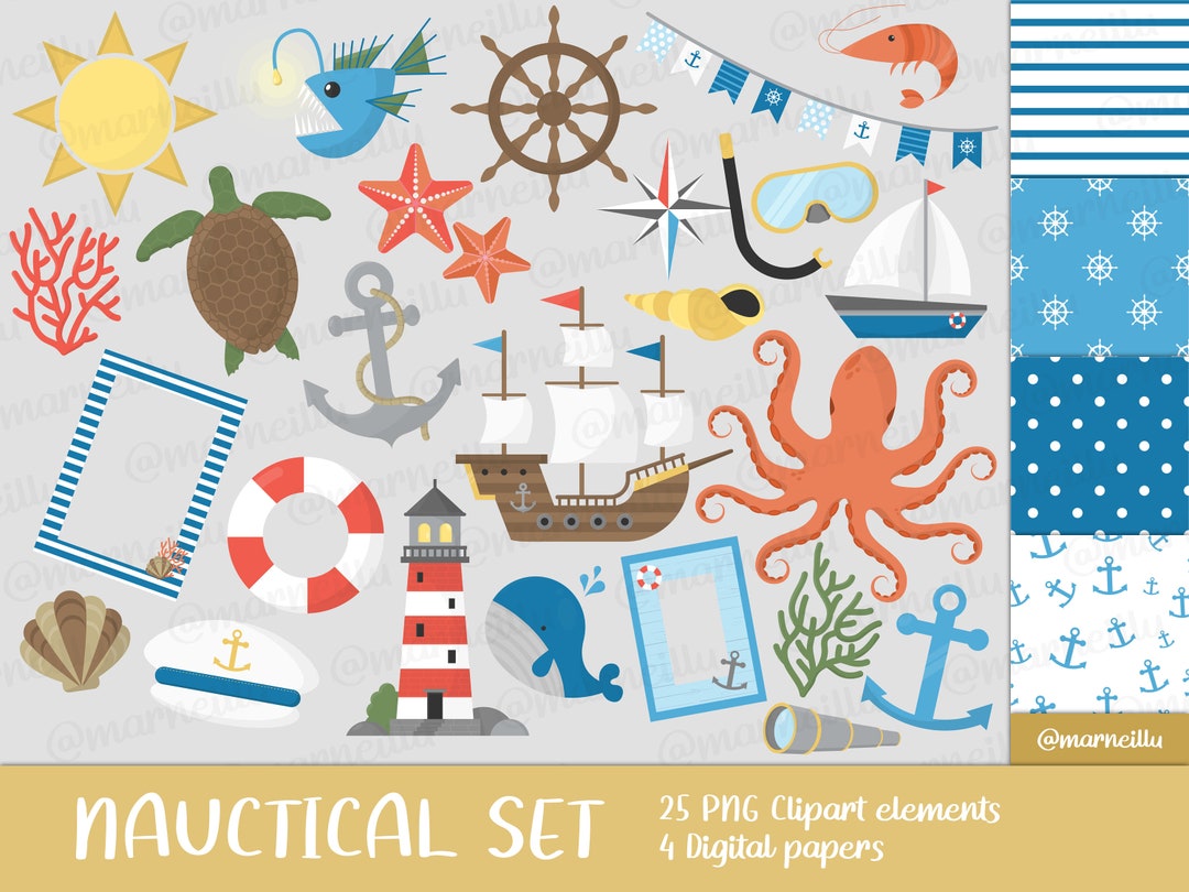 Nautical Sea Clipart Set - Ocean, Boat, Whale, Image, Printable, Blue ...