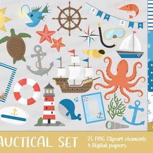 Nautical Sea Clipart Set - Ocean, Boat, Whale, Image, Printable, Blue ...