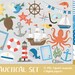 Nautical Sea Clipart Set - Ocean, Boat, Whale, Image, Printable, Blue ...