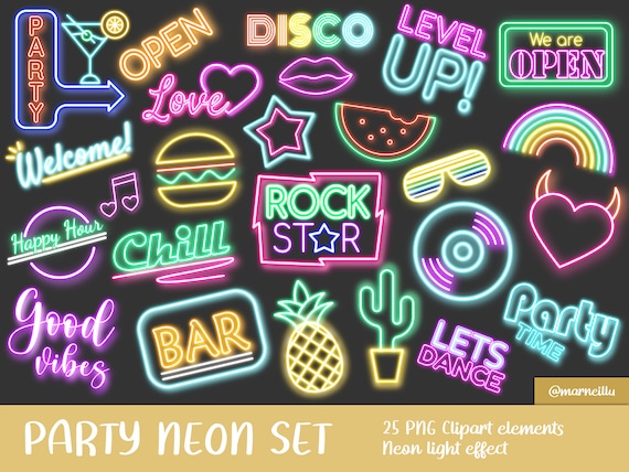 Party Neon Clipart Set Sign Rainbow Glow Drink Disco Etsy