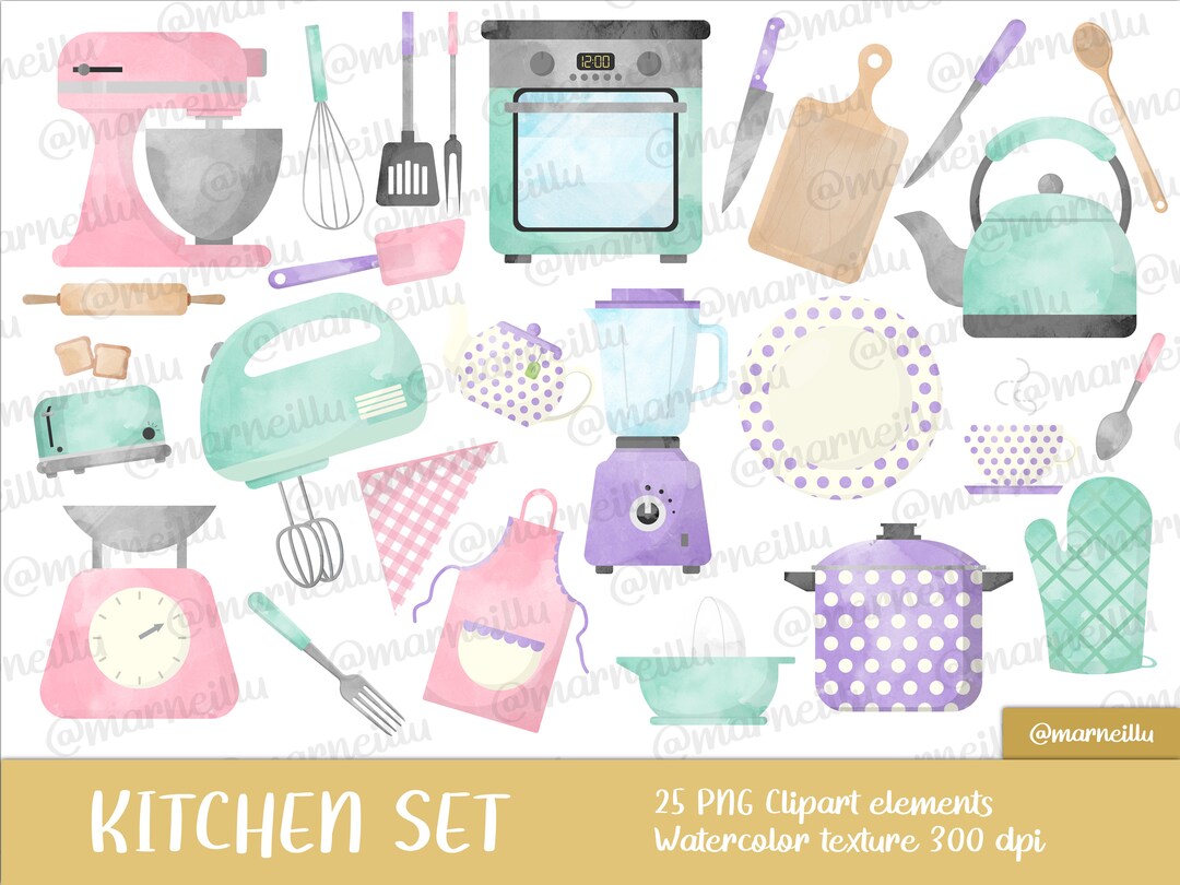 Kitchen Clipart Set With Watercolor Texture Baking, Chef, Image ...