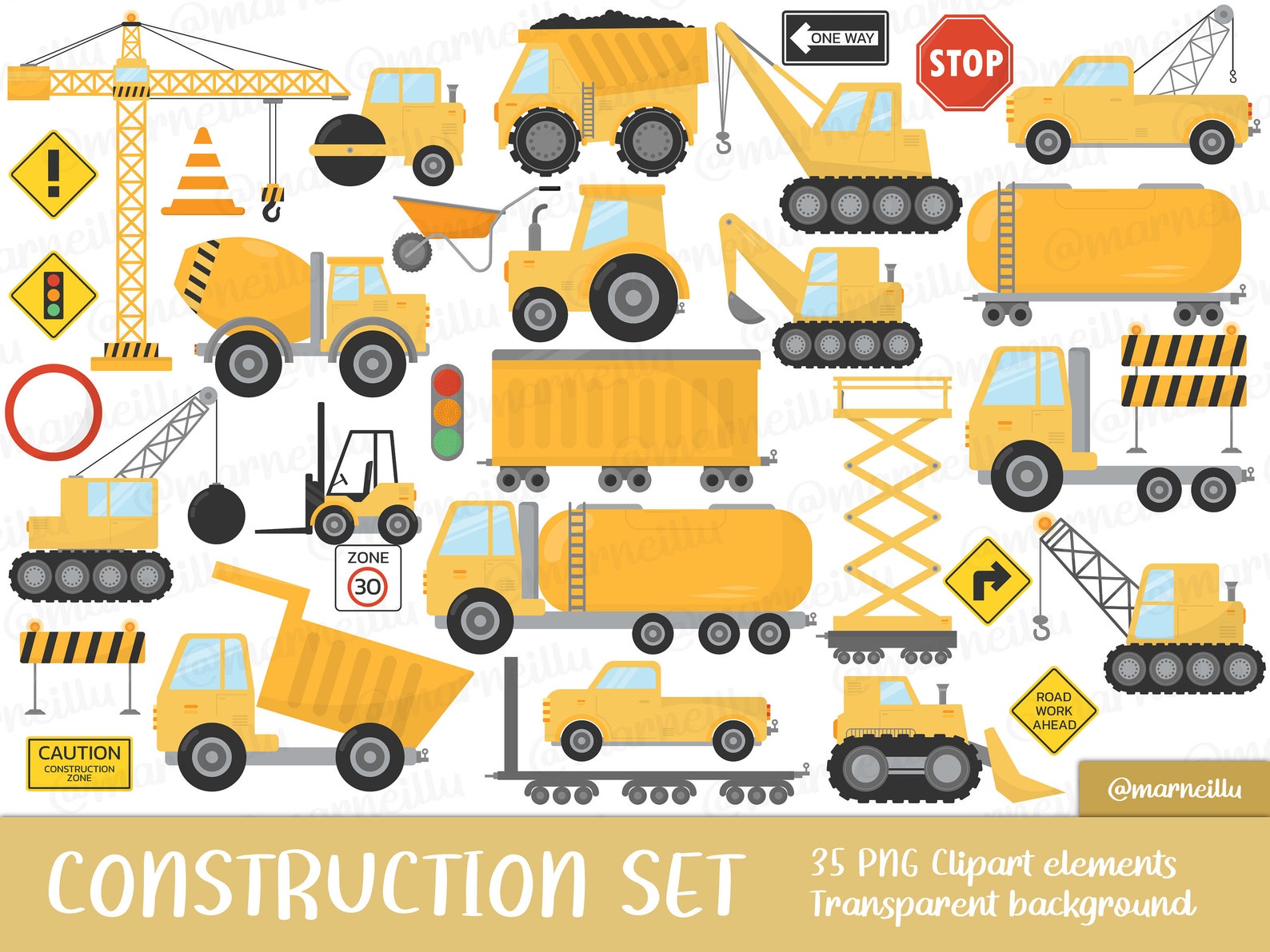 Construction Clipart Set - Car, Tractor, Truck, Crane, Building ...