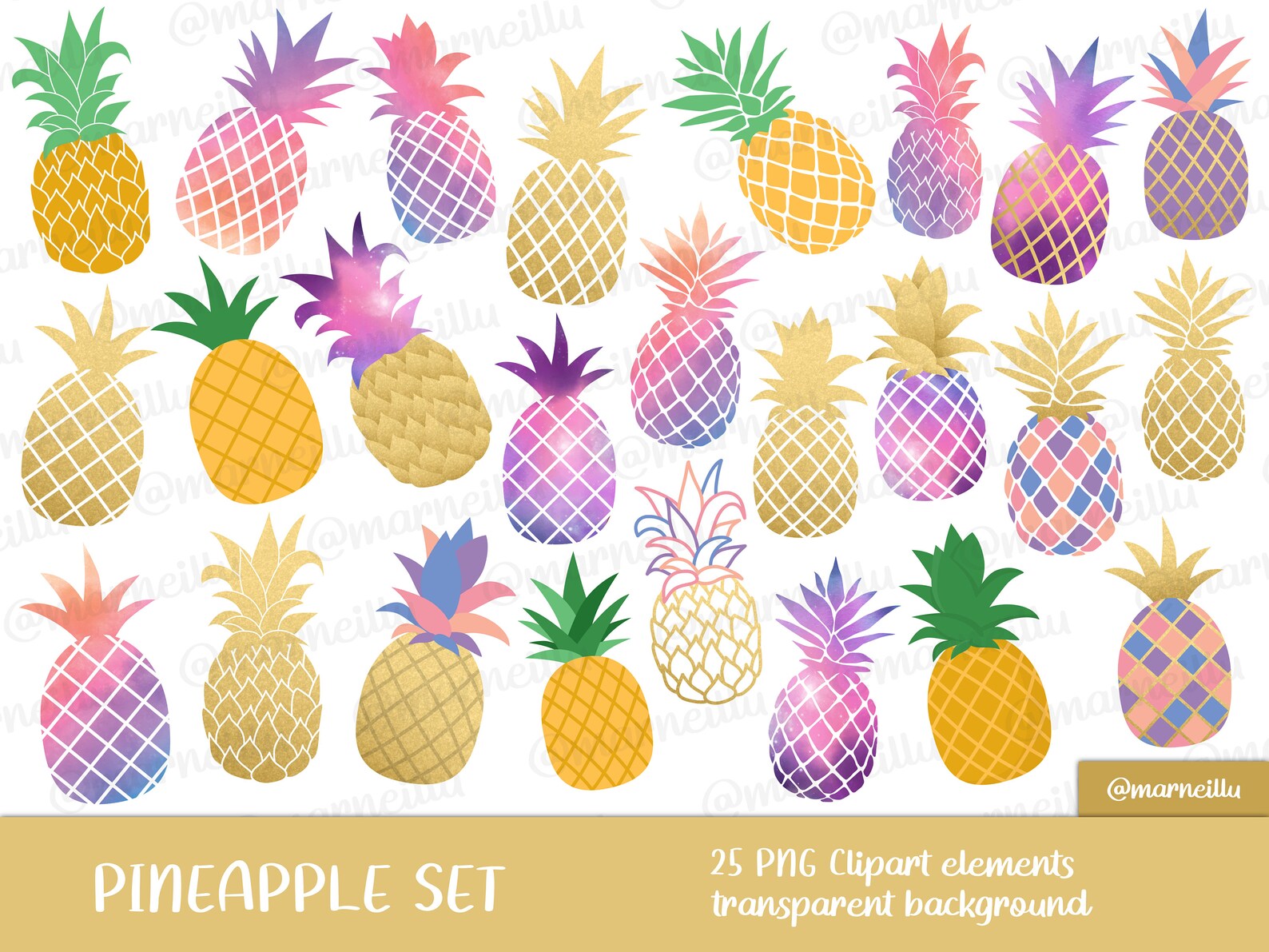 Pineapple Clipart Set - Fruit, Exotic, Colorful, Texture, Watercolor ...