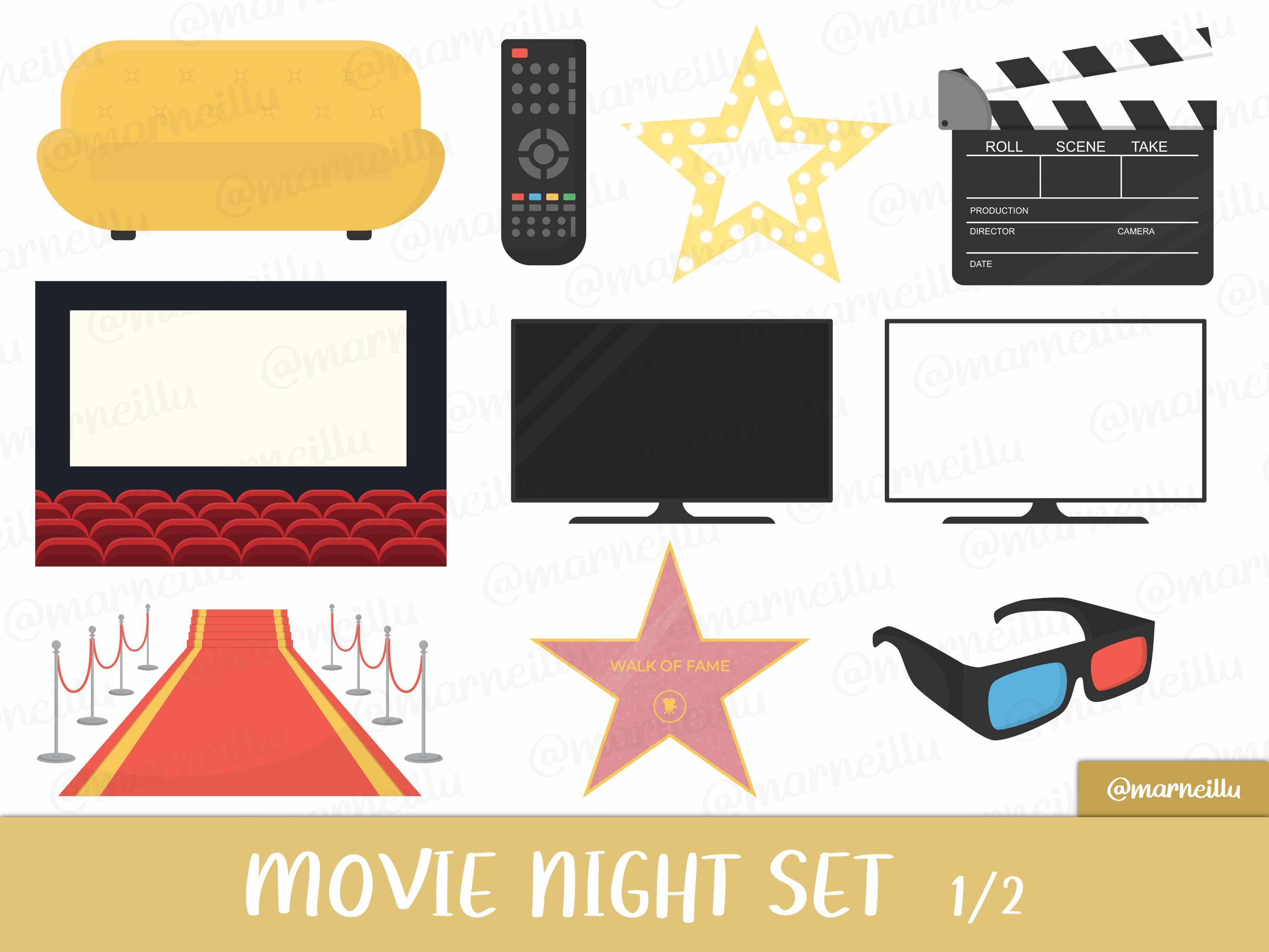 Movie Night Clipart Set – Cinema, Hollywood, Popcorn (instant Download ...