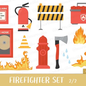 Firefighters Clipart Set - Fire Department, Fire Truck, Hose, Fire ...