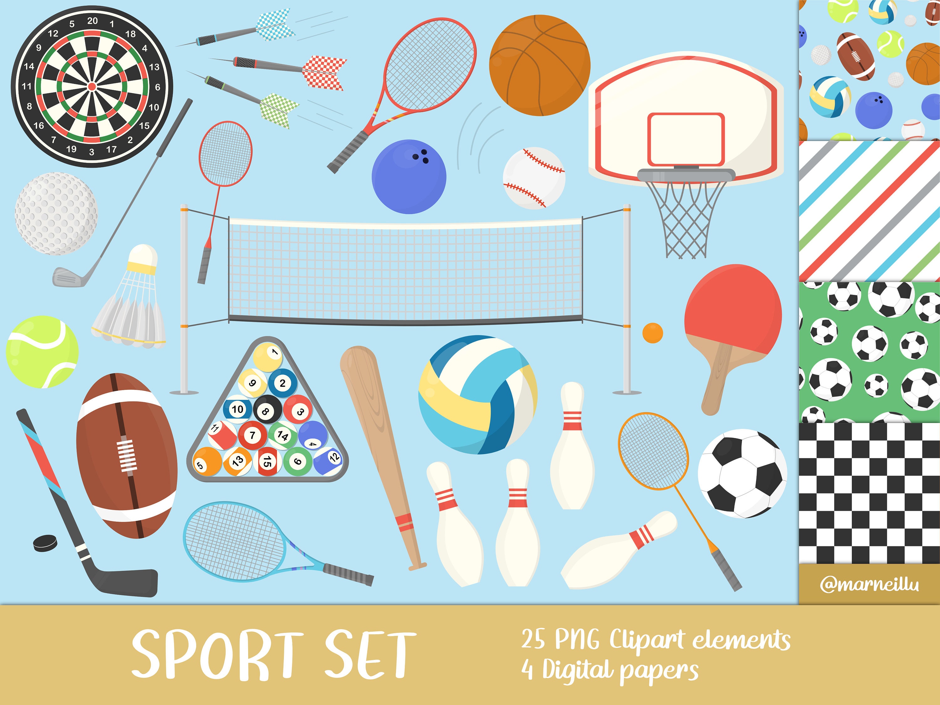 Sport Clipart Set Baseball Tennis Voleyball Image - Etsy