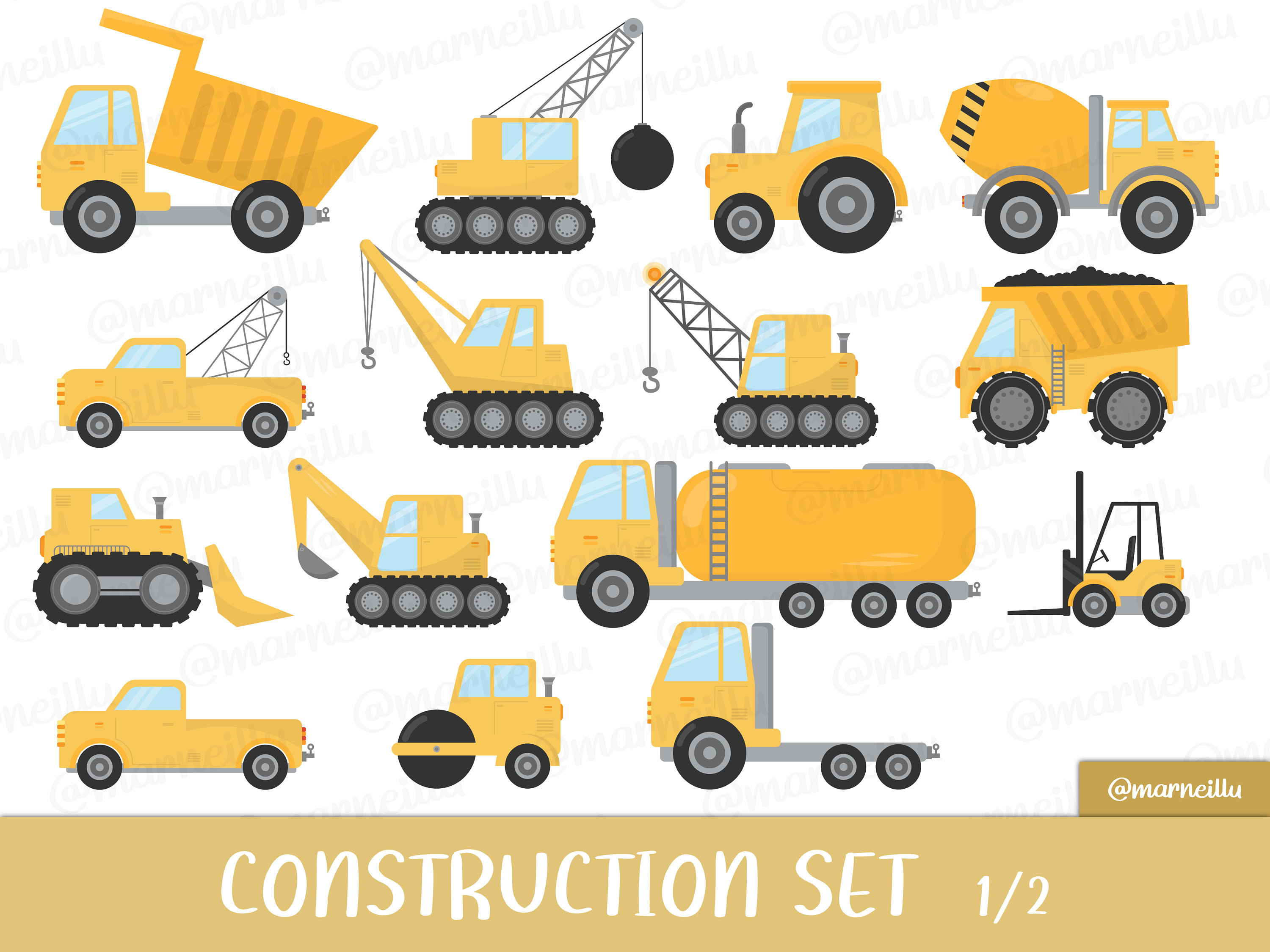Construction Clipart Set - Car, Tractor, Truck, Crane, Building ...