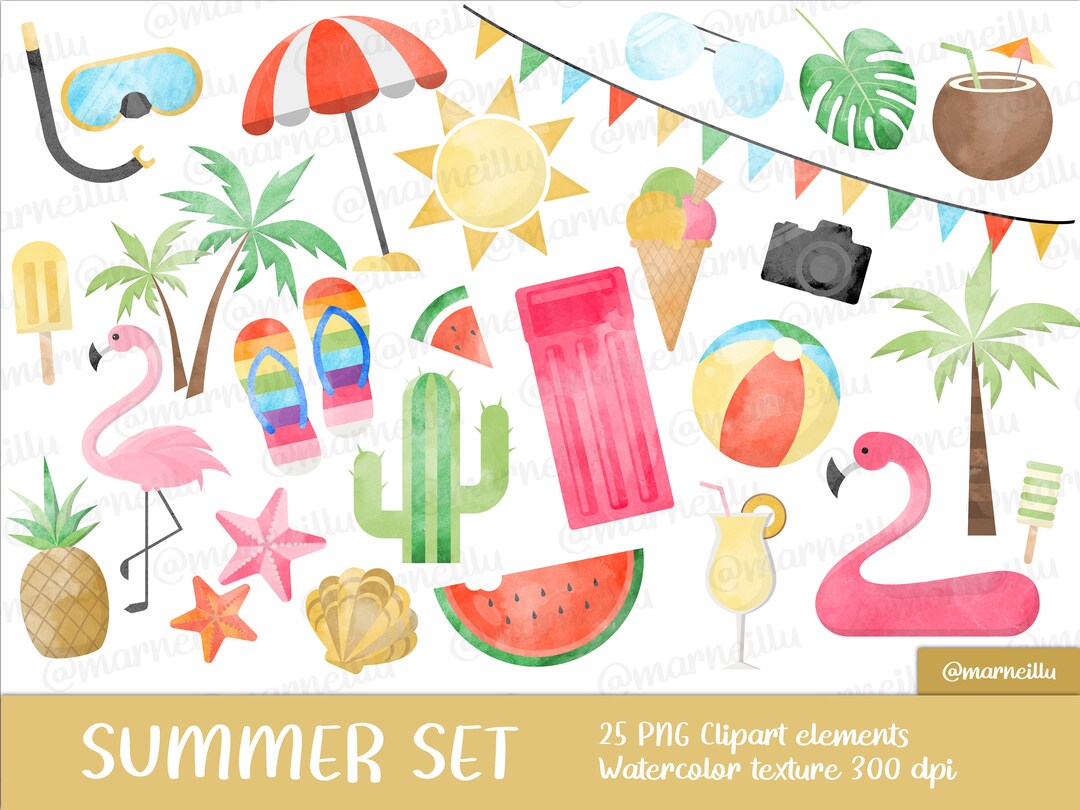 Watercolor Summer Clipart Set – Beach, Flamingo, Sun (instant Download ...