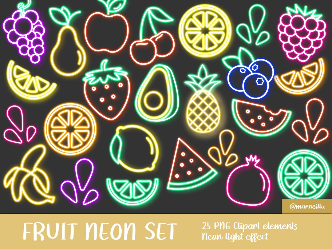 Neon Fruit Clipart Set - Glow, Image, Printable, Avocado, Banana, Apple ...