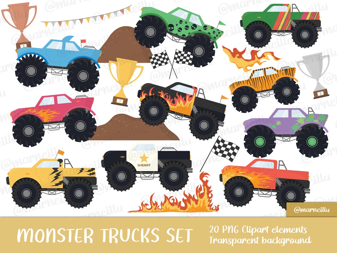 Monster Trucks Clipart Set - Big Trucks, Flames, Racing, Car, Pick Up ...