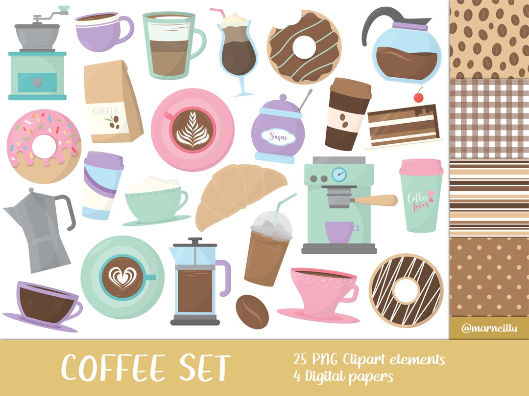 Coffee Clipart Set - Cup, Breakfast, Machine, Espresso, Mug, Pastel ...