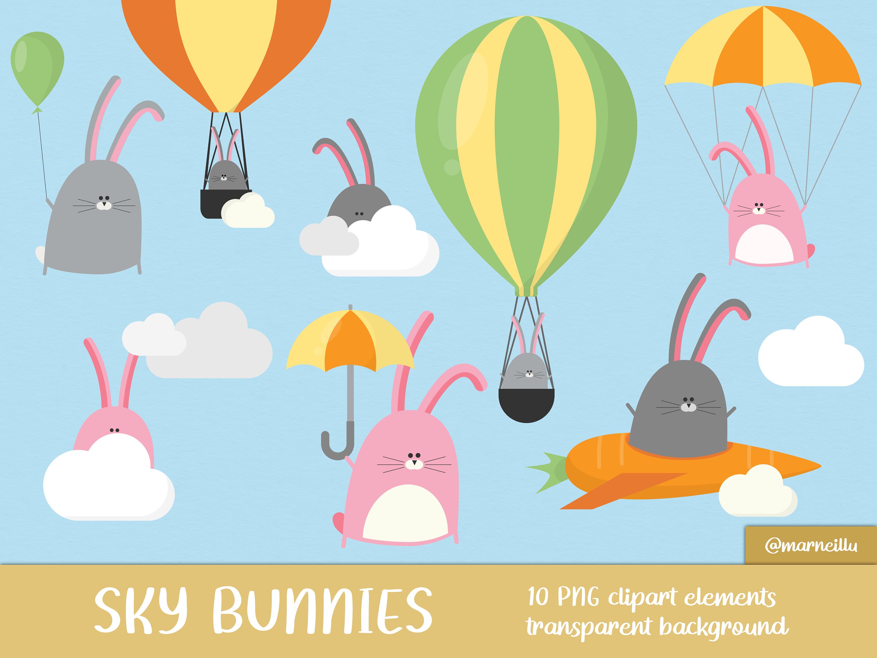Sky Bunnies Clipart Set Cute Children Room Ilustration | Etsy