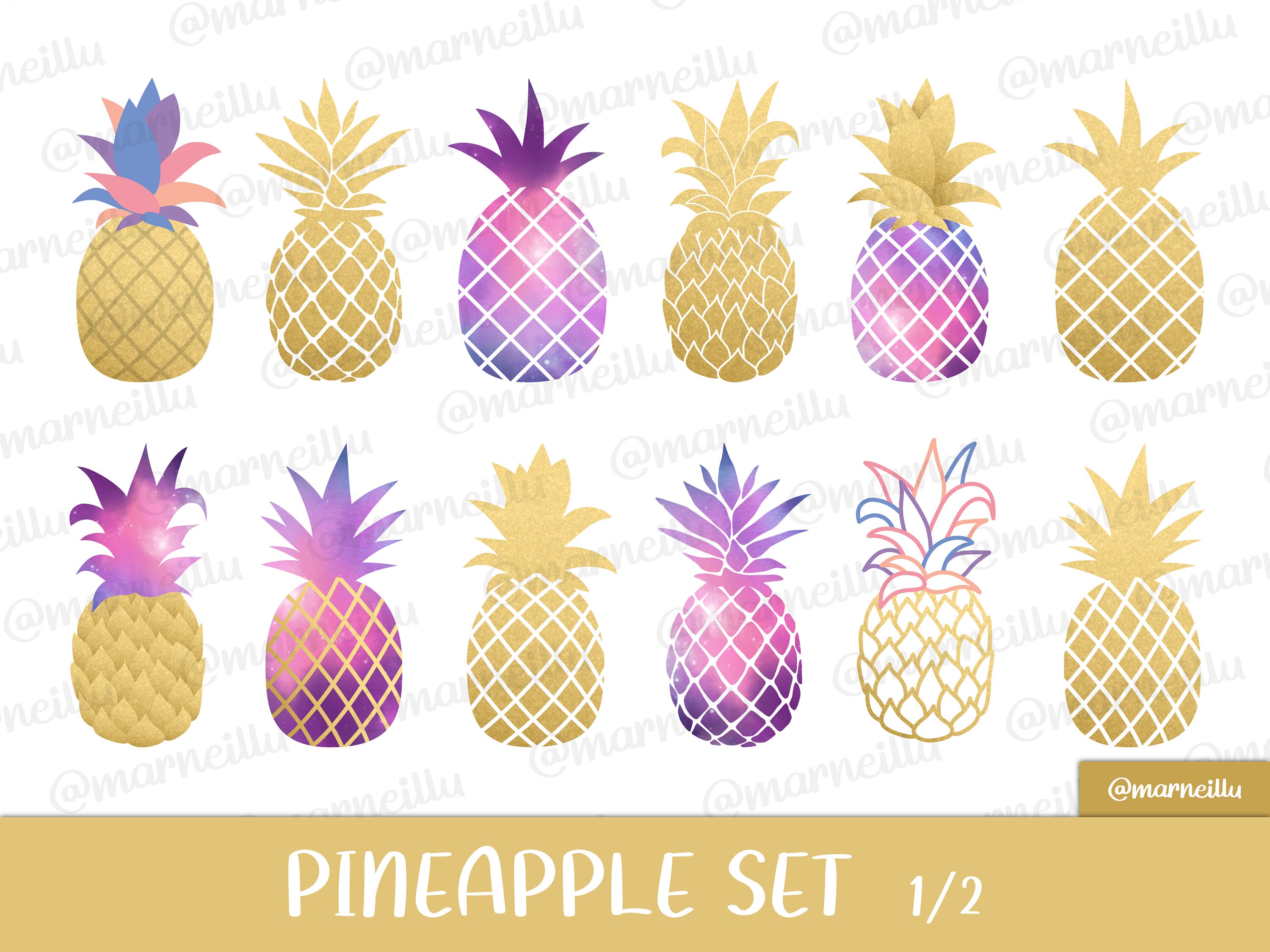Pineapple Clipart Set - Fruit, Exotic, Colorful, Texture, Watercolor ...