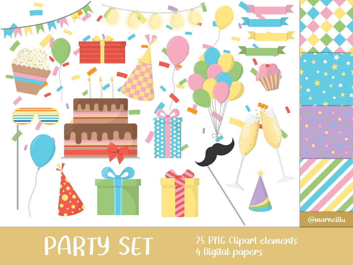 Party Clipart Set - Birthday, Invitation, Baloons, Cake, Cupcake, Gift ...
