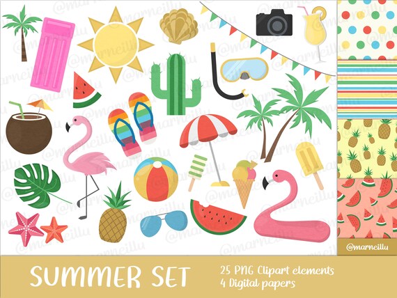 Summer Clipart Set Sun Flamingo Palm Coconut Ice Cream - Etsy