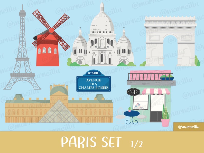 Paris Clipart Set Travelling Eiffel Tower Image - Etsy
