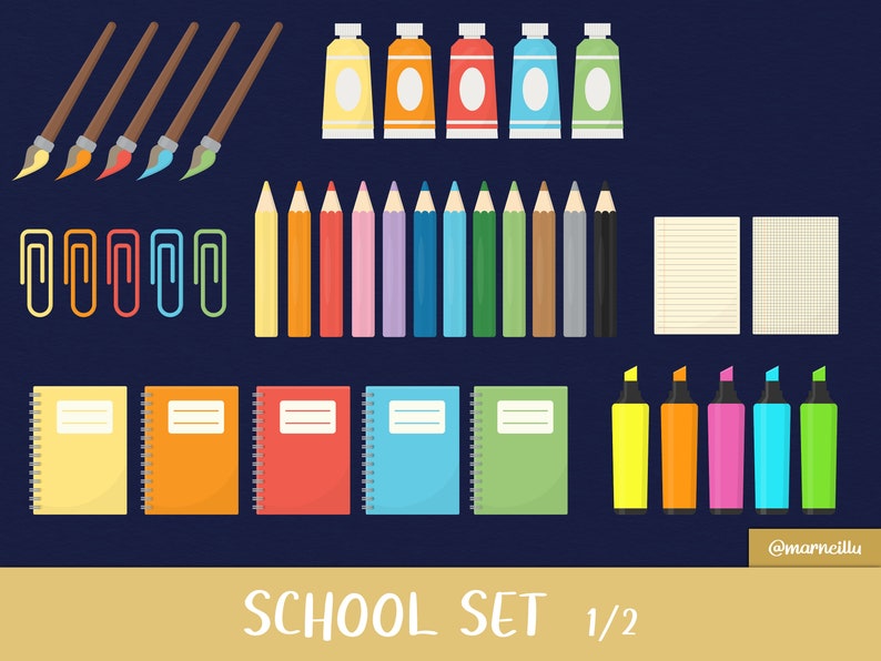 School Supplies Clipart Set – 60 PNG Graphics + 4 Digital Papers ...