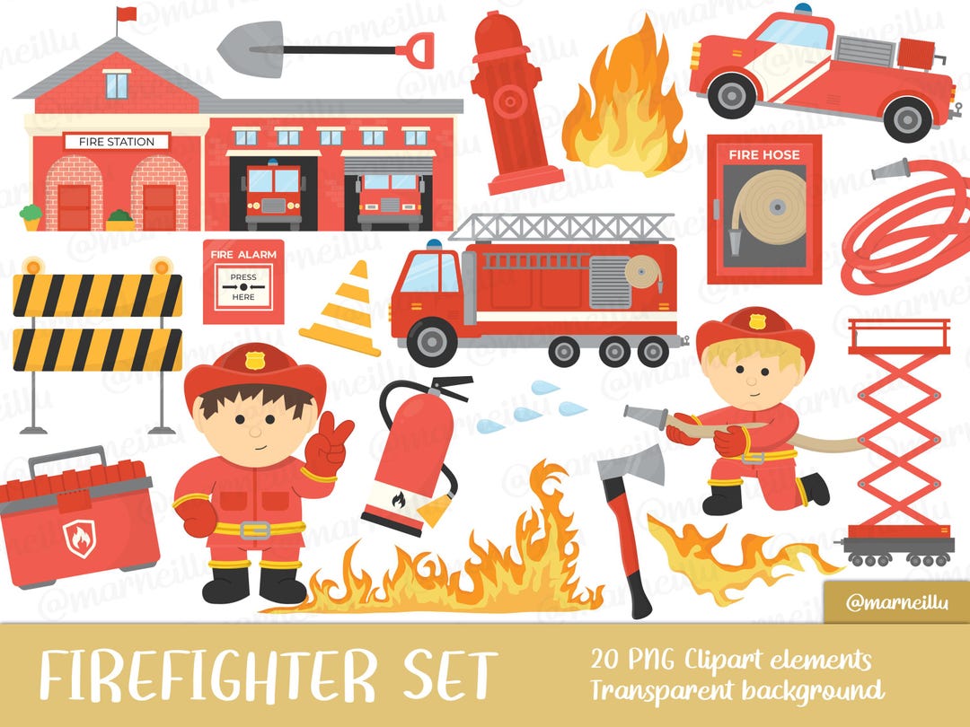 Firefighters Clipart Set - Fire Department, Fire Truck, Hose, Fire ...