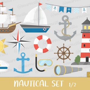 Nautical Sea Clipart Set Ocean, Boat, Whale, Image, Printable, Blue ...
