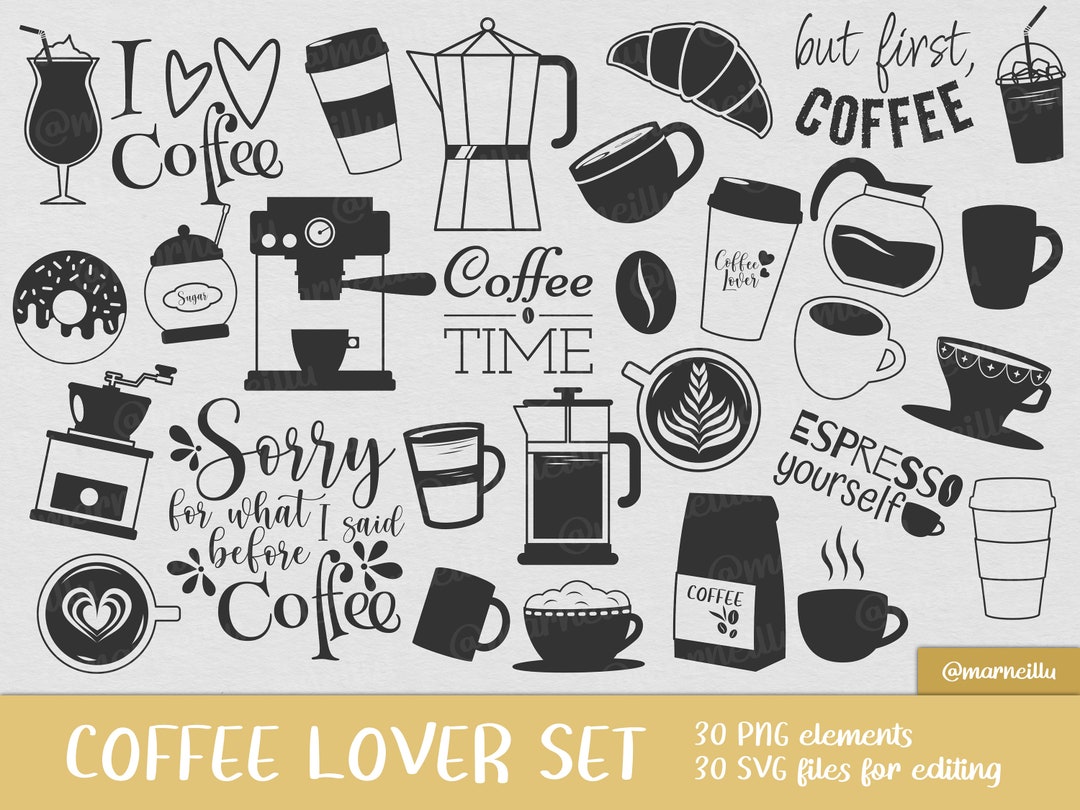 Coffee Lover SVG Clipart Set - Espresso, Cafe, Mug, Cup, Bundle, Cricut ...