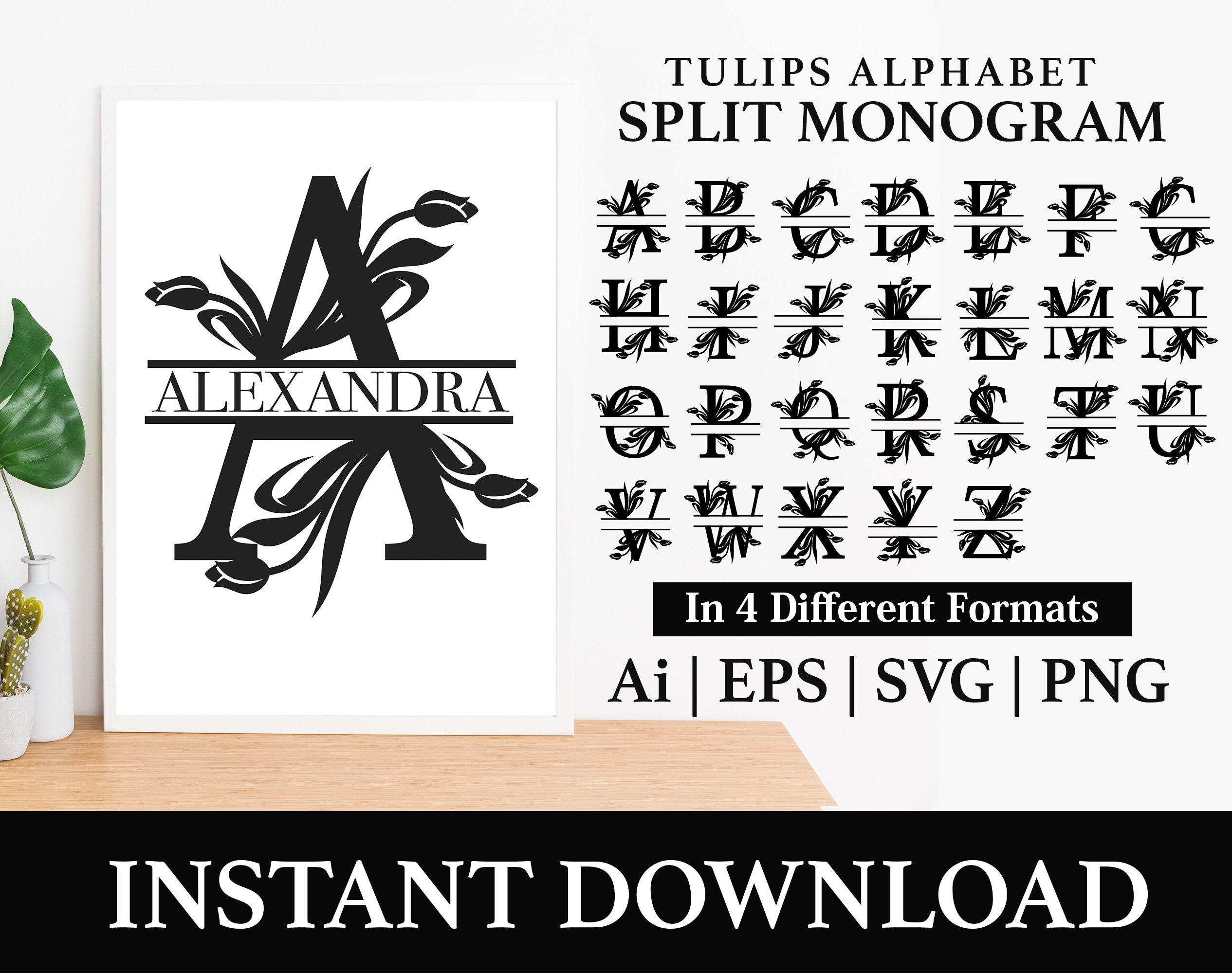 Tulips Split Monogram Svg Svg File for Cricut Split Letter | Etsy