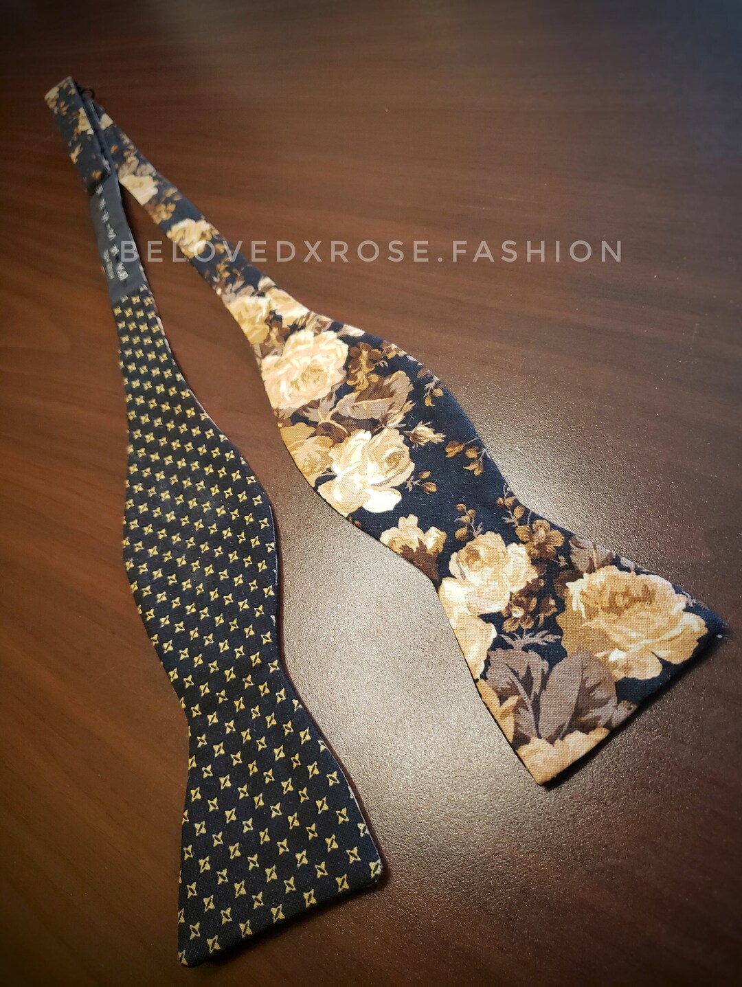Black & Champagne Reversible Rose Print Bow Tie/ Pocket Square - Etsy