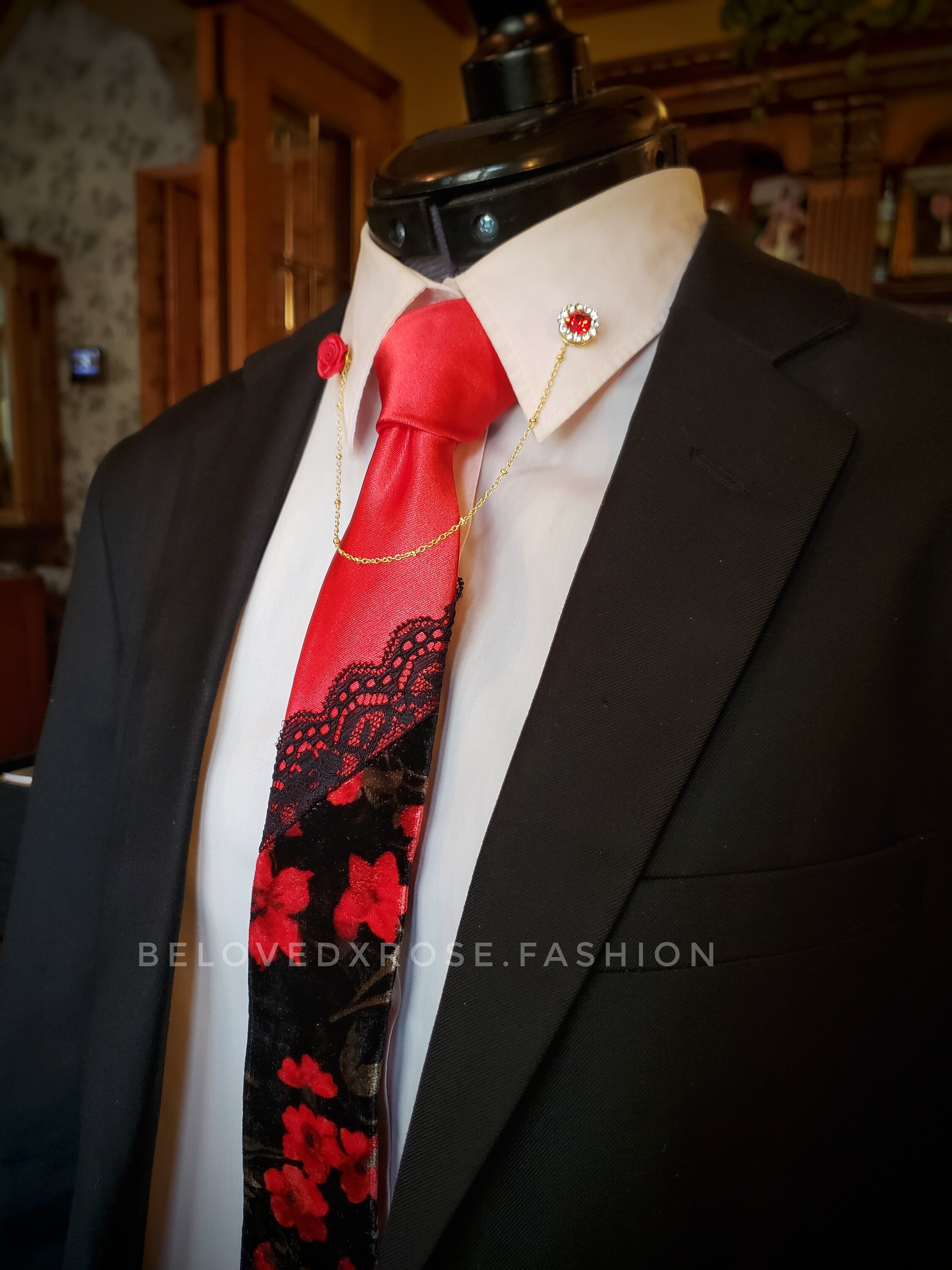 Flirty Red Skinny Necktie, Red Rhinestone & Rose Collar/ Lapel Chain ...