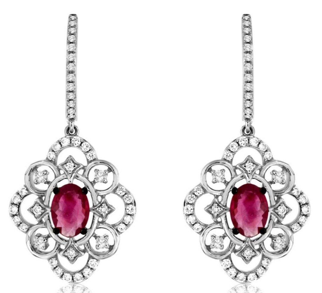 1.70ct Diamond & AAA Ruby 14kt White Gold Oval Round Filigree Hanging ...