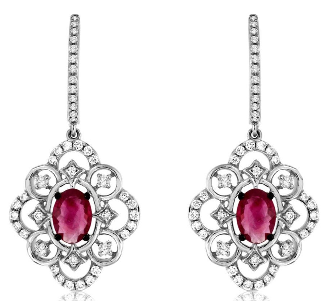 1.70ct Diamond & AAA Ruby 14kt White Gold Oval Round Filigree Hanging ...