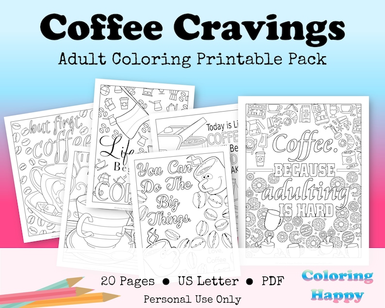 Coffee Cravings 20 Adult Coloring Pages Printable Pack | Coloring Book ...