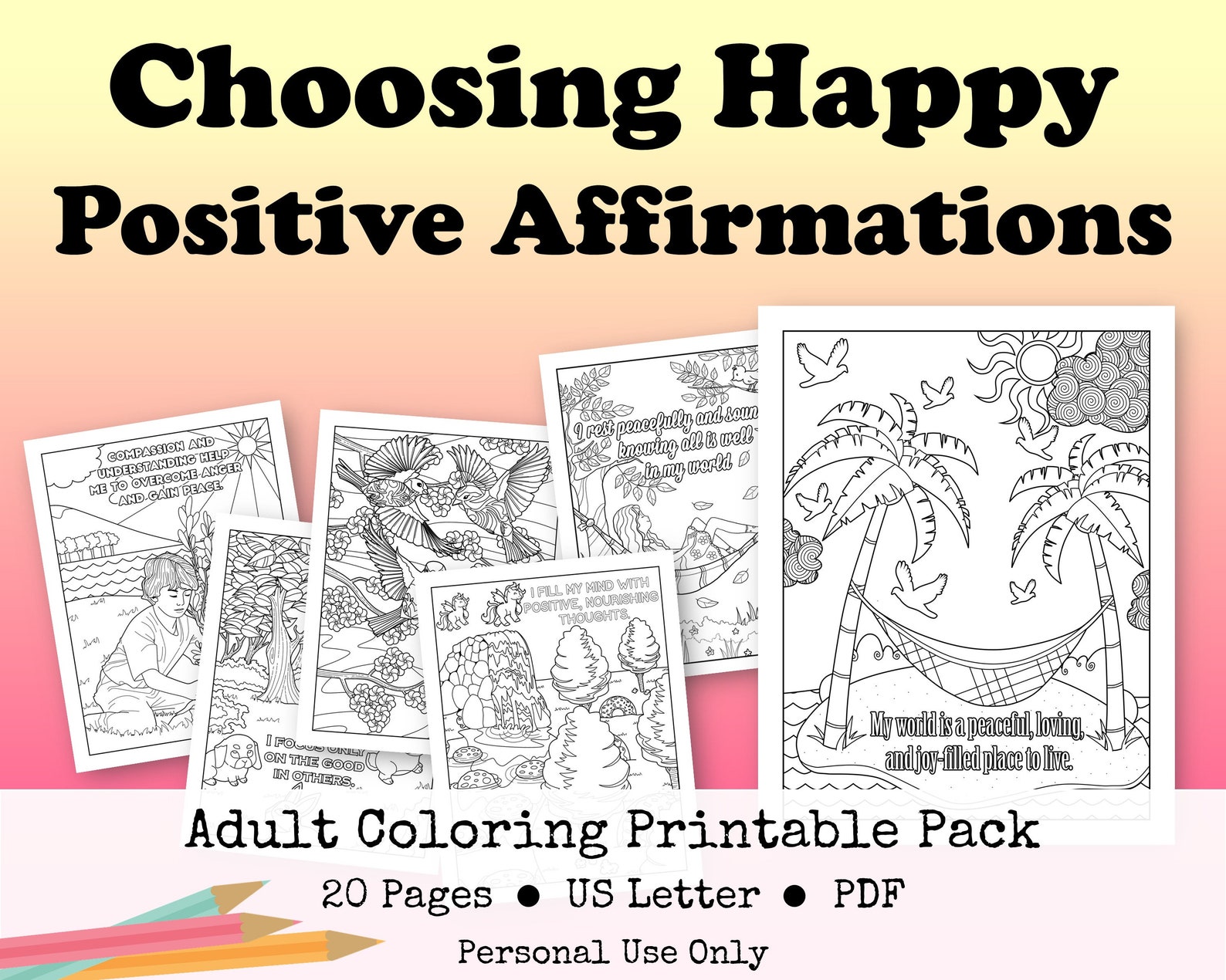 Adult Coloring Book 20 Page Printable Pack | Choosing HAPPY | Coloring ...
