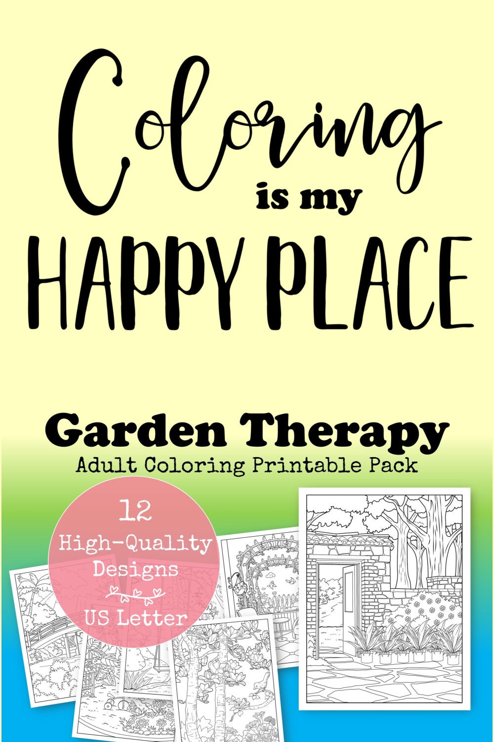 12 Adult Coloring Pages Garden Therapy Printable Pack for Relaxation ...