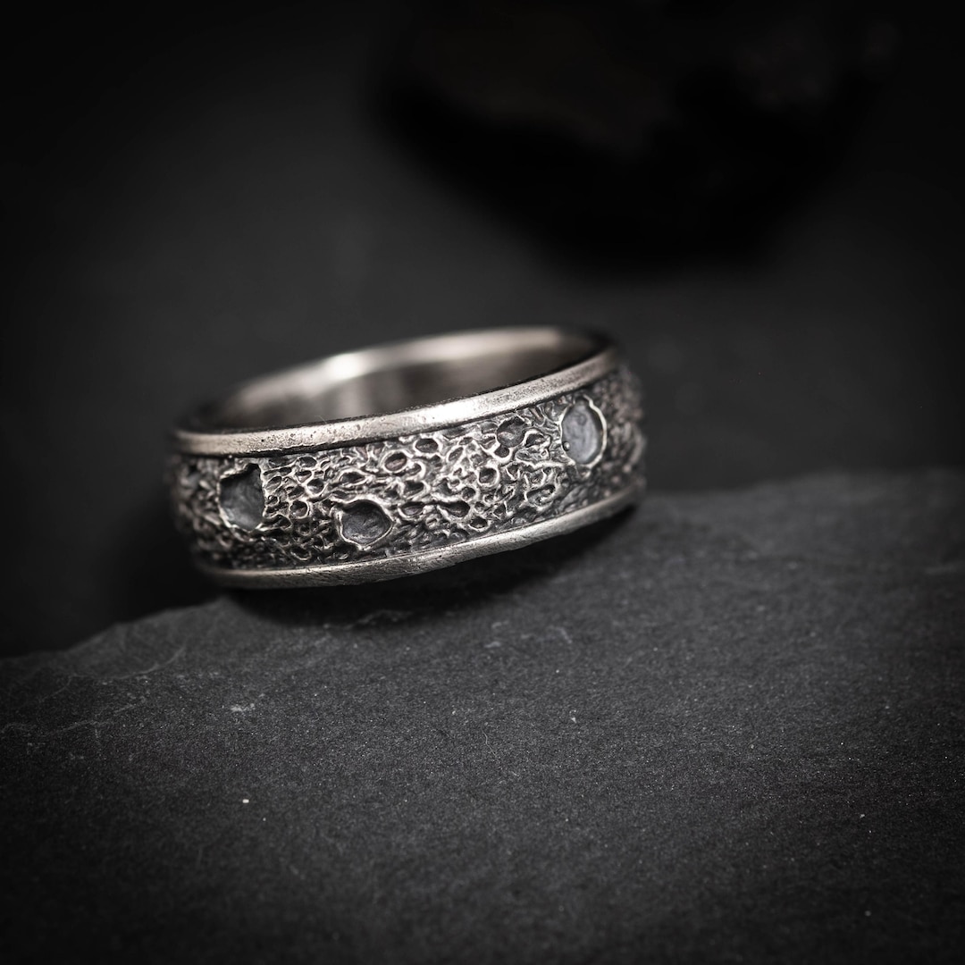 Silver Moon Surface Texture Men's Ring, Handmade Lunar Band, Silver ...